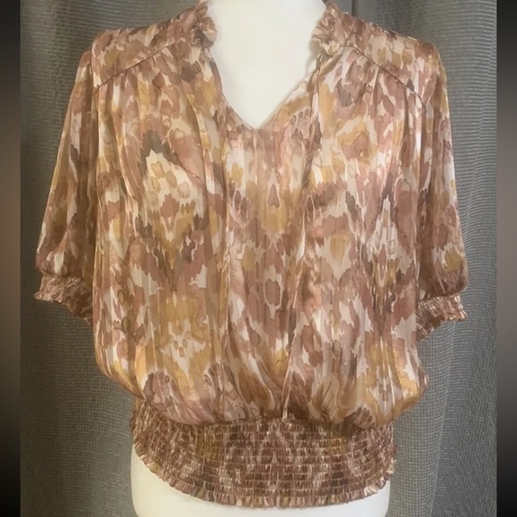 Rachel Zoe | Tops | Rachel Zoe Shimmer Gold Sheer Smocked Top Ruffle ...